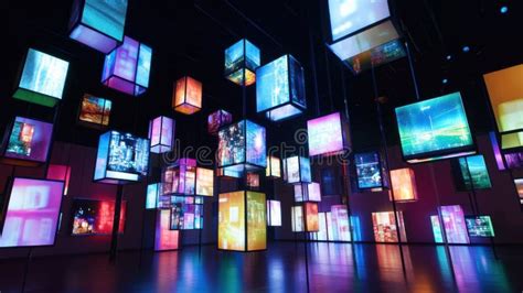 Floating Cubes Display Vibrant Abstract Text And Visuals In A Modern Art Space At Night