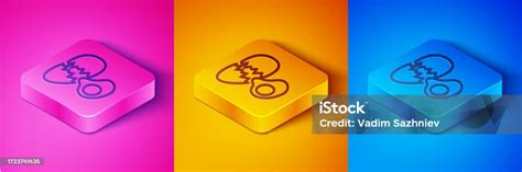 아이소메트릭 라인 깨진 달걀 아이콘은 분홍색과 주황색 파란색 배경에 분리되어 있습니다 행복한 부활절 정사각형 버튼 벡터 3차원 형태에 대한 스톡 벡터 아트 및 기타 이미지