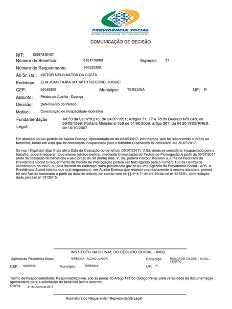 Carta Concessão Auxilio Inss Aposentadoria Informação Governamental