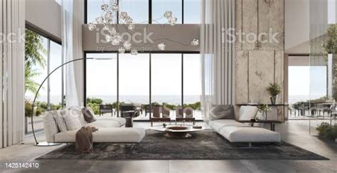 현대적인 거실의 고급스러운 인테리어를 3d 렌더링합니다 창문에 대한 스톡 사진 및 기타 이미지 창문 문 호화로움 Istock