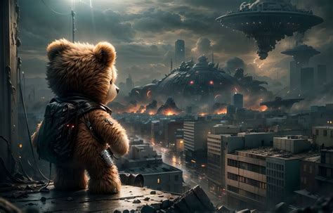 Обои на рабочий стол Плюшевый медвежонок с рюкзаком за спиной стоит на фоне города атакованного