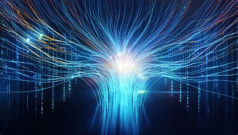 Vibrant Illustration Of Binary Code Streams Flowing Through Glowing Neural Network Showcasing