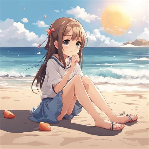 Cute Anime Girl Sit On The Beach Under The Sun By Gk444 On Deviantart