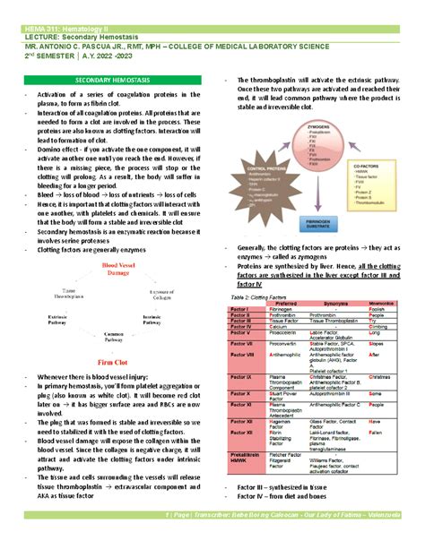 Week 4 Secondary Hemostasis Hema 311 Hematology Ii Lecture