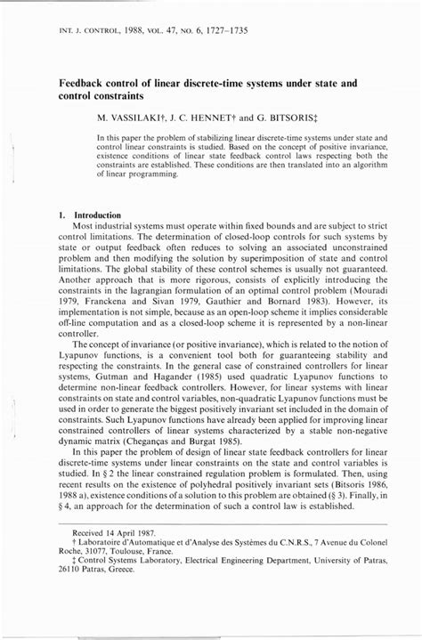 Pdf Feedback Control Of Discrete Time Systems Under State And Control