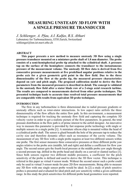 Pdf Measuring Unsteady 3d Flow With A Single Pressure Transducer
