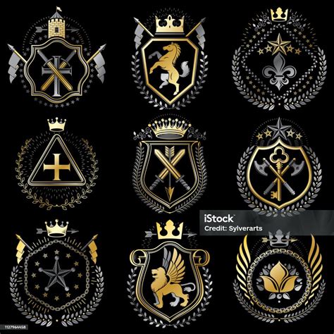 명품 전 령 벡터 템플릿 집합입니다 벡터 기호 Blazons 그래픽 요소 로얄 크라운 중세 성곽 병기 및 종교 십자가 사용 하