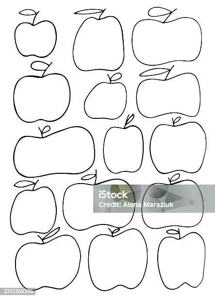 다양한 모양과 크기의 사과 흰색 배경에 고립 된 과일 윤곽의 집합입니다 색칠을 위한 사과 과일 윤곽 벡터 일러스트 레이 션 0명에 대한 스톡 벡터 아트 및 기타 이미지