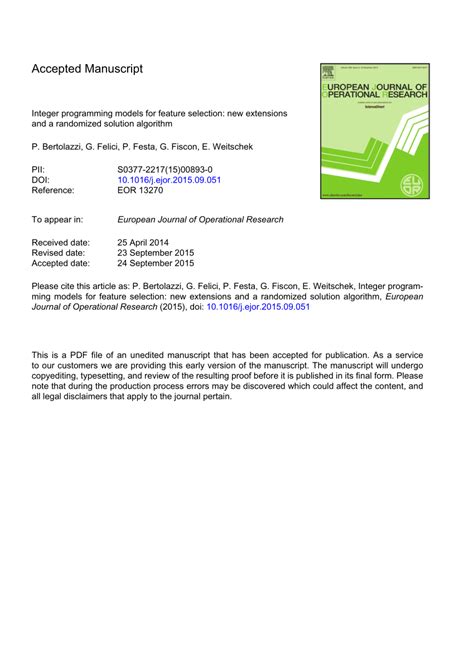 Pdf Integer Programming Models For Feature Selection New Extensions And A Randomized Solution