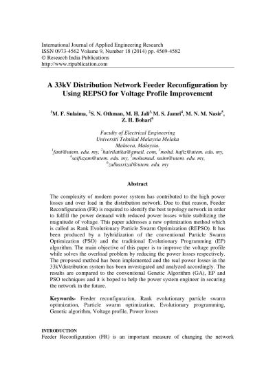 A 33kv Distribution Network Feeder Reconfiguration By Using Repso For Voltage Profile Improvement