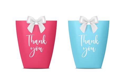 벡터 3d 현실적인 분홍색과 파란색 종이 선물 가방 생일 또는 흰색 실크 활 리본 파티에 대 한 상자 현재 아이콘 세트에 대 한 휴대용 가방이 격리 되어 있습니다 전면 모습