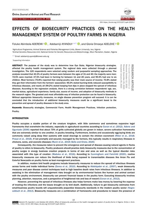 Pdf Effect Of Biosecurity Practices On The Health Management System Of Poultry Farms In Nigeria
