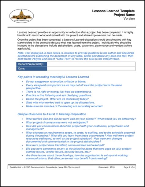 SDLCforms Lessons Learned Template