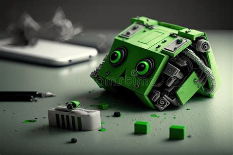 Bright Green Eyes Disassembled Sad Robot Lying On Table Stock