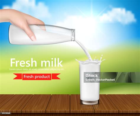 벡터 현실적인 그림 손으로 우유 병을 들고와 우유를 붓는 배경 3차원 형태에 대한 스톡 벡터 아트 및 기타 이미지 3차원 형태 가득 찬 건강한 식생활 Istock