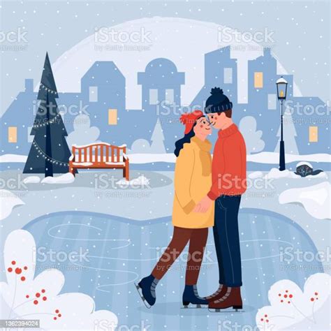 아이스 링크에 스케이트 행복한 젊은 남자와 여자 도시 경관 배경 장면 겨울 재미 스포츠 활동 플랫 스타일의 벡터 일러스트레이션