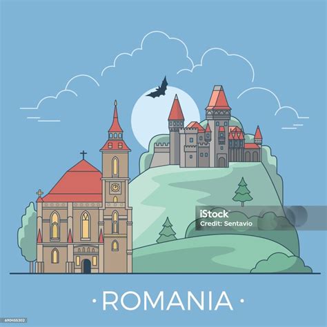 루마니아 국가 디자인 서식 파일 선형 평면 유명한 역사적인 광경 만화 스타일 웹 사이트 벡터 일러스트 레이 션 세계 여행 하 고 유럽 유럽 휴가 컬렉션의에서 명소 루마니아에