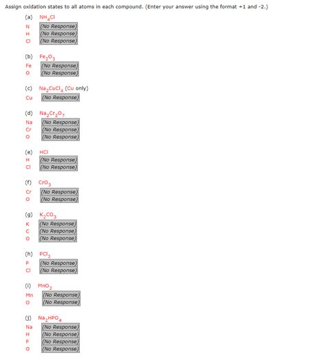 Solved Assign Oxidation States To All Atoms In Each Chegg