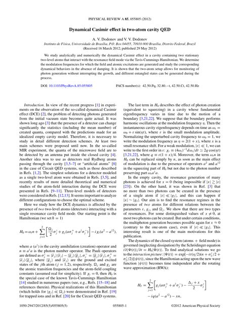 Pdf Dynamical Casimir Effect In Two Atom Cavity Qed