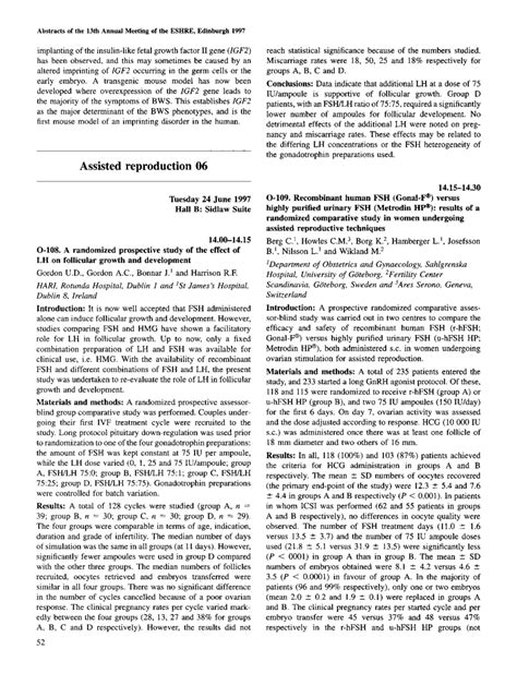 Pdf O 109 Recombinant Human Fsh Gonal F® Versus Highly Purified Urinary Fsh Metrodin Hp