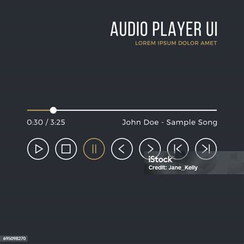 오디오 플레이어 인터페이스입니다 타임 노래 제목 아티스트 이름 아이콘 버튼 미디어 플레이어 Ui Gui 흰색과 골드입니다 얇은