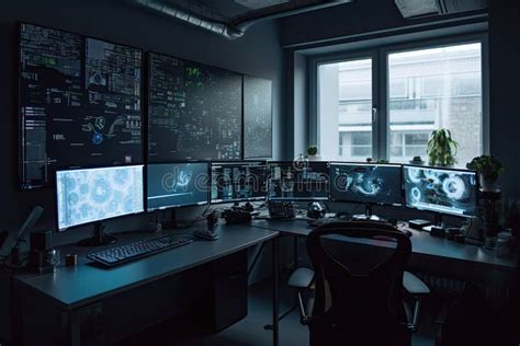 A Computer Desk With Multiple Monitors And Keyboards On It Generative