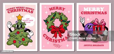 유행 복고풍 만화 스타일 크리스마스 트리 순록 방울 및 선물 인사말 카드 템플릿 포스터 인쇄물 파티 초대장 및 배경 선물에 대한 스톡 벡터 아트 및 기타 이미지 Istock