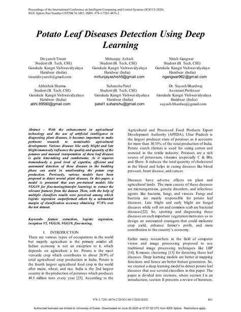 Pdf Potato Leaf Diseases Detection Using Deep Learning