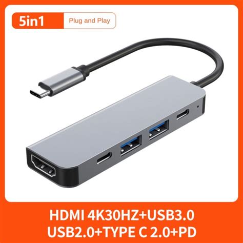 Type C 5in1 Docking Station HDMI Compatible 4K USB3 0 Type C Data Transfer USB Multi Port Hub