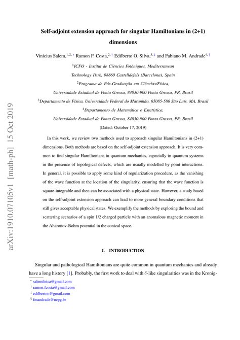 Pdf Self Adjoint Extension Approach For Singular Hamiltonians In 2 1 Dimensions