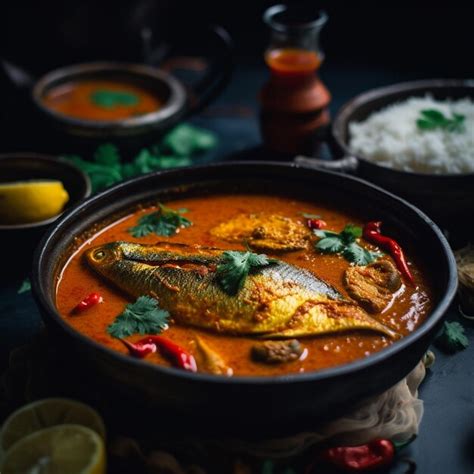Premium Ai Image Spicy Bangladeshi Hilsa Curry With White Rice And Salad