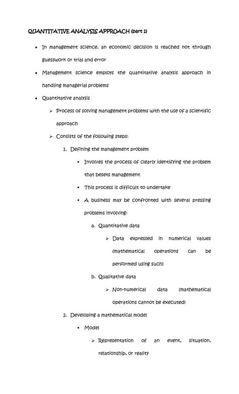 Quantitative Analysis Approach Part 1 QUANTITATIVE ANALYSIS APPROACH Part 1 In Management