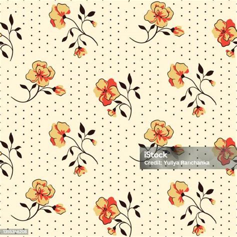 장식 구식 꽃과 물방울 무늬와 매끄러운 패턴 꽃과 작은 잎이있는 나뭇 가지의 심플한 꽃 무늬 빈티지 디자인의 플로럴 배경 벡터 그림입니다 베이지에 대한 스톡 벡터 아트 및