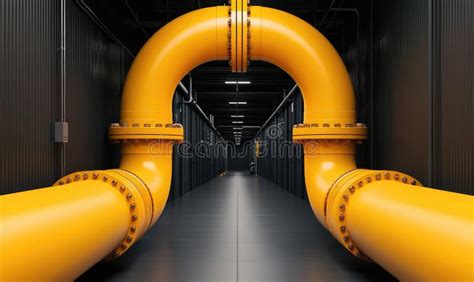 Industrial Pipeline Corridor With Large Yellow Pipes In A Modern