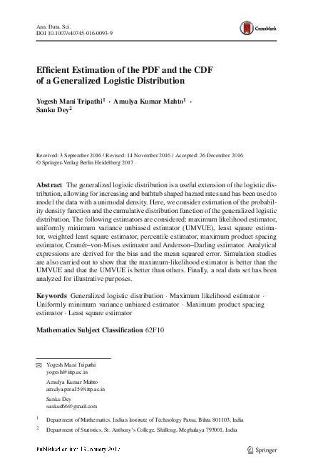 Pdf Efficient Estimation Of The Pdf And The Cdf Of A Generalized Logistic Distribution