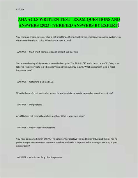 AHA ACLS WRITTEN TEST EXAM QUESTIONS AND ANSWERS 2023 VERIFIED ANSWERS BY EXPERT