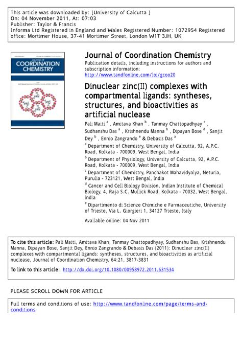 Pdf Dinuclear Zincii Complexes With Compartmental Ligands