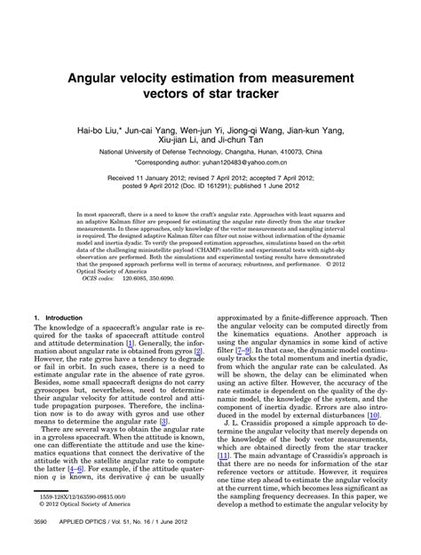 Pdf Angular Velocity Estimation From Measurement Vectors Of Star Tracker