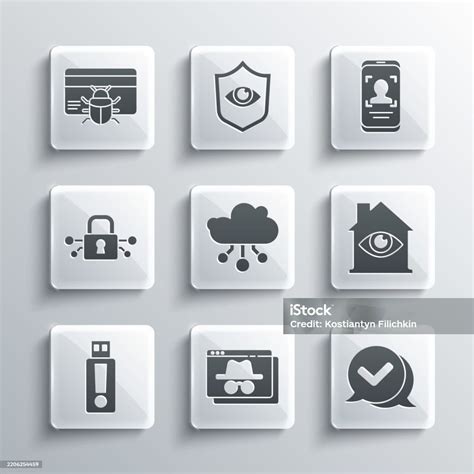브라우저 시크릿 창 체크 마크 말풍선 눈 스캔이 있는 집 사물 인터넷 Usb 플래시 드라이브 사이버 보안 시스템 버그 신용 카드 및 모바일 및 얼굴 인식 아이콘을 설정합니다
