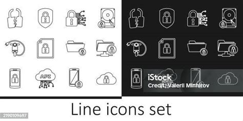 라인 클라우드 컴퓨팅 잠금 Ftp 폴더 및 사이버 보안 문서 전기 스쿠터 깨지거나 금이 가 폴더 및 아이콘이있는 방패를 설정합니다 벡터 0명에 대한 스톡 벡터 아트 및 기타