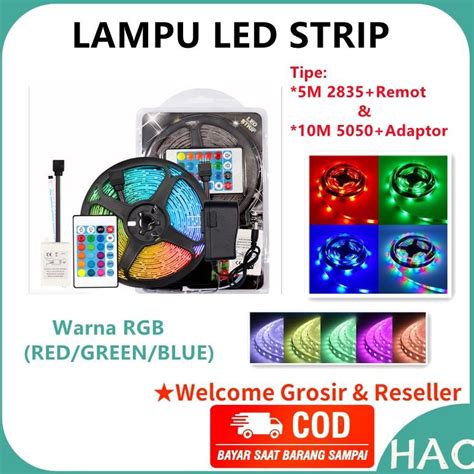 Jual Lampu Led Strip Rgb Lampu Hias Rgb 5m 10m Warna Warni Ip44 2835 5050 Adaptor Remote Merek