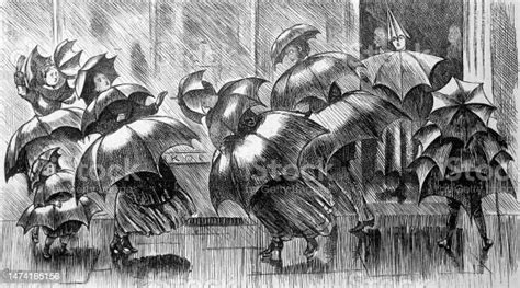 영국 풍자 만화 만화 캐리커처 삽화 보도에 있는 많은 사람들이 모두 검은 Unbrellas 아래 바람에 대한 스톡 벡터 아트 및 기타 이미지 Istock