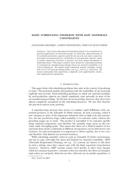 Pdf Basic Scheduling Problems With Raw Material Constraints