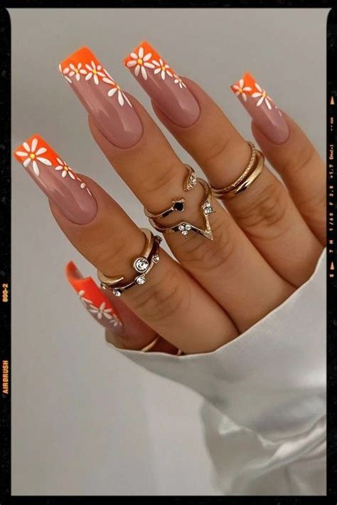 Orange Side French Flower Gel Nails Nail Designs Diy Nails