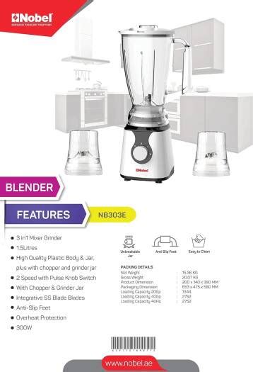 Nobel 3 In 1 Blender Table Top 1 5 Litres Jar 300w 2 Speed With Pulse