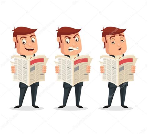 Empresario Leyendo Periódico Con Diferentes Emociones Vector Plano