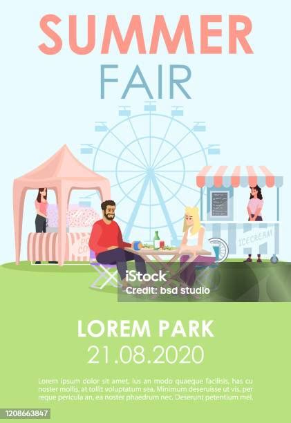 여름 박람회 브로셔 템플릿입니다 야외 카페 시장 노점 전단지 소책자 평면 일러스트와 전단지 개념 축제 도시 이벤트 잡지의 벡터
