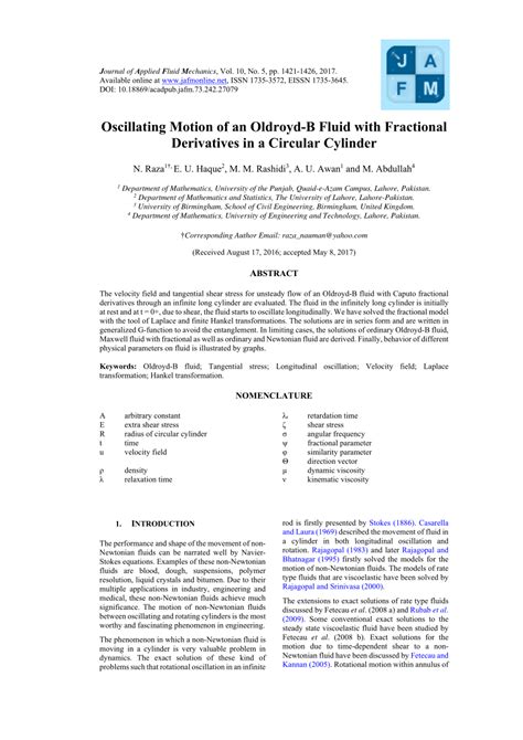 Pdf Oscillating Motion Of An Oldroyd B Fluid With Fractional Derivatives In A Circular Cylinder
