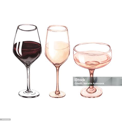 와인잔에 담긴 화이트와 레드 와인의 수채화 알코올 음료 손으로 그린 그림 완벽한 그림입니다 디자인 와인 리스트 라벨 배너 메뉴 전단지 브로셔 템플릿에 대한 개념 샴페인