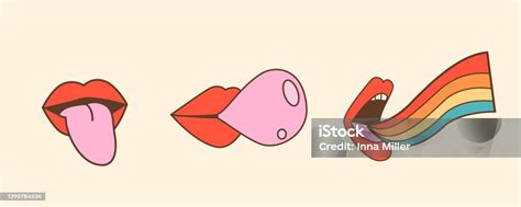 혀가 튀어 나오는 입 분홍색 거품 껌을 불고있는 입술 무지개로 입을 벌립니다 다양한 감정과 얼굴 표정을 모방합니다 빈티지 복고풍 스타일의 벡터 일러스트레이션 1970